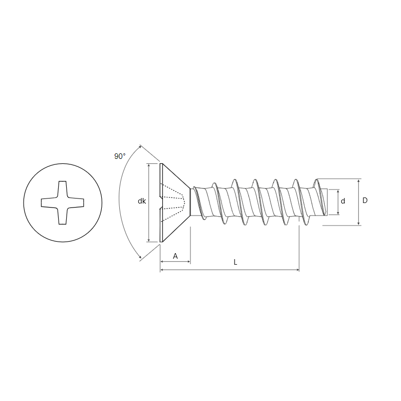 Countersunk Head Cross Recess H Drive 8 mm